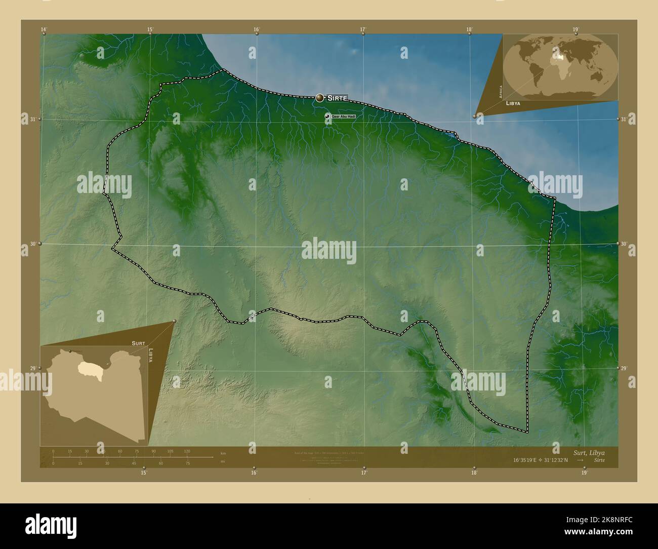 Surt, district of Libya. Colored elevation map with lakes and rivers ...