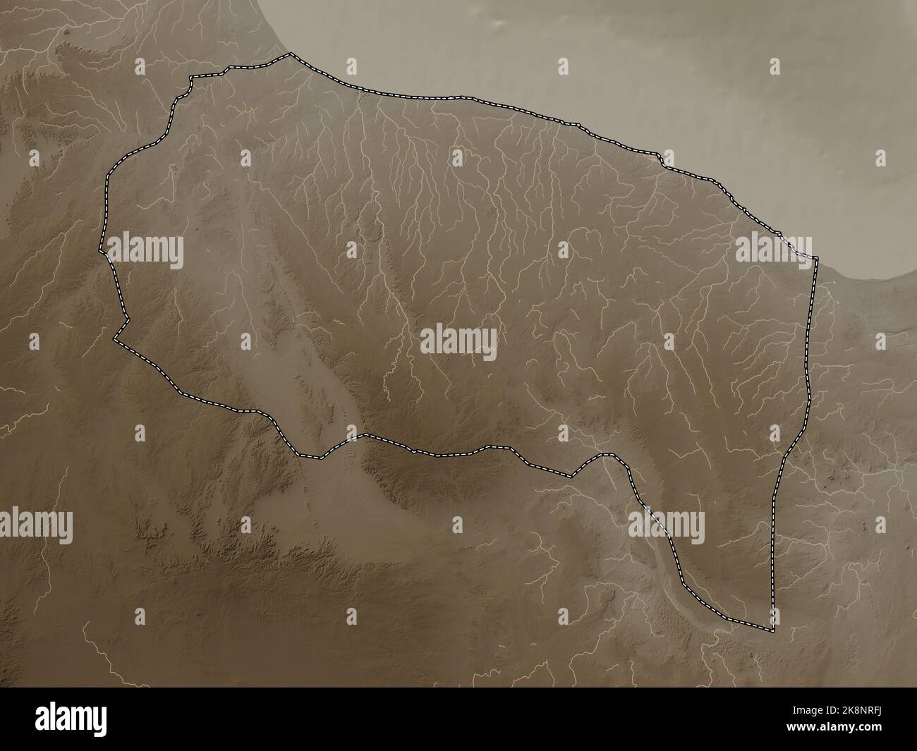 Surt, district of Libya. Elevation map colored in sepia tones with ...