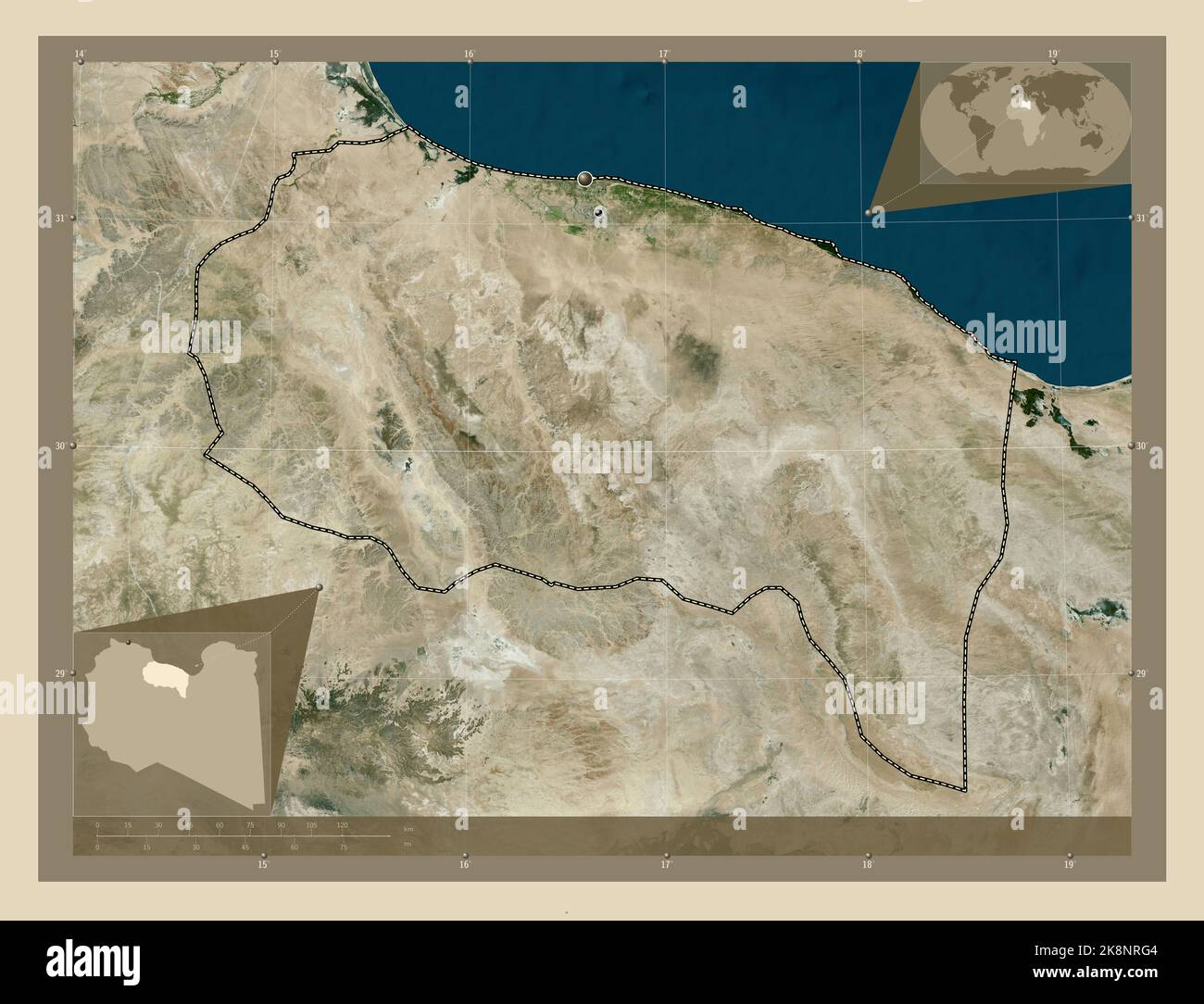 Surt, district of Libya. High resolution satellite map. Locations of ...