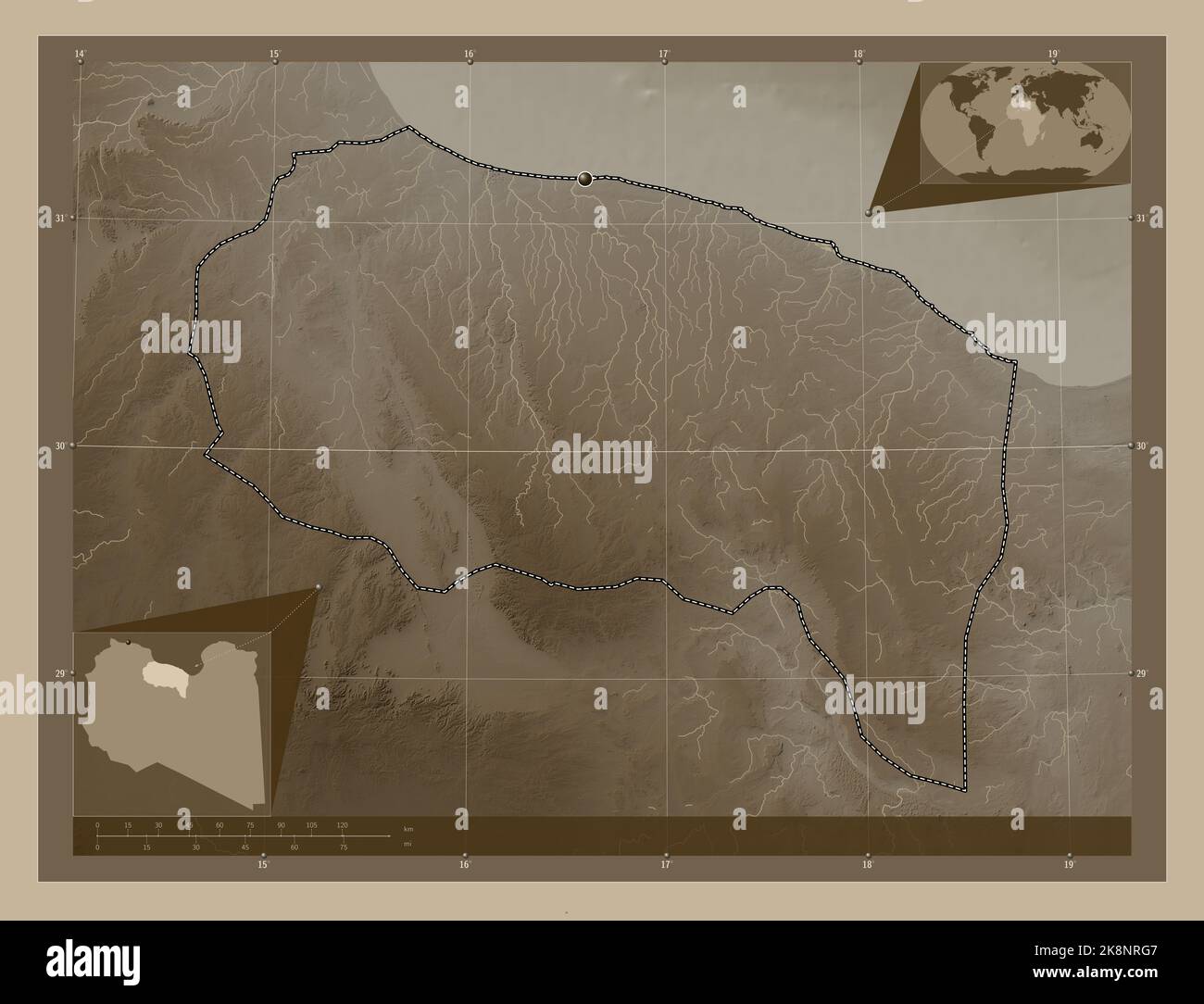 Surt, district of Libya. Elevation map colored in sepia tones with ...