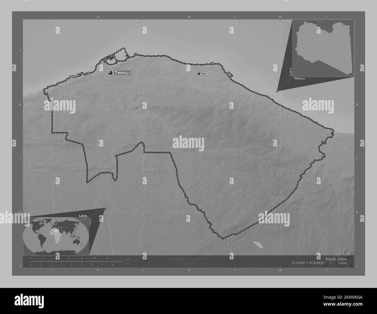 Tripoli, district of Libya. Grayscale elevation map with lakes and ...