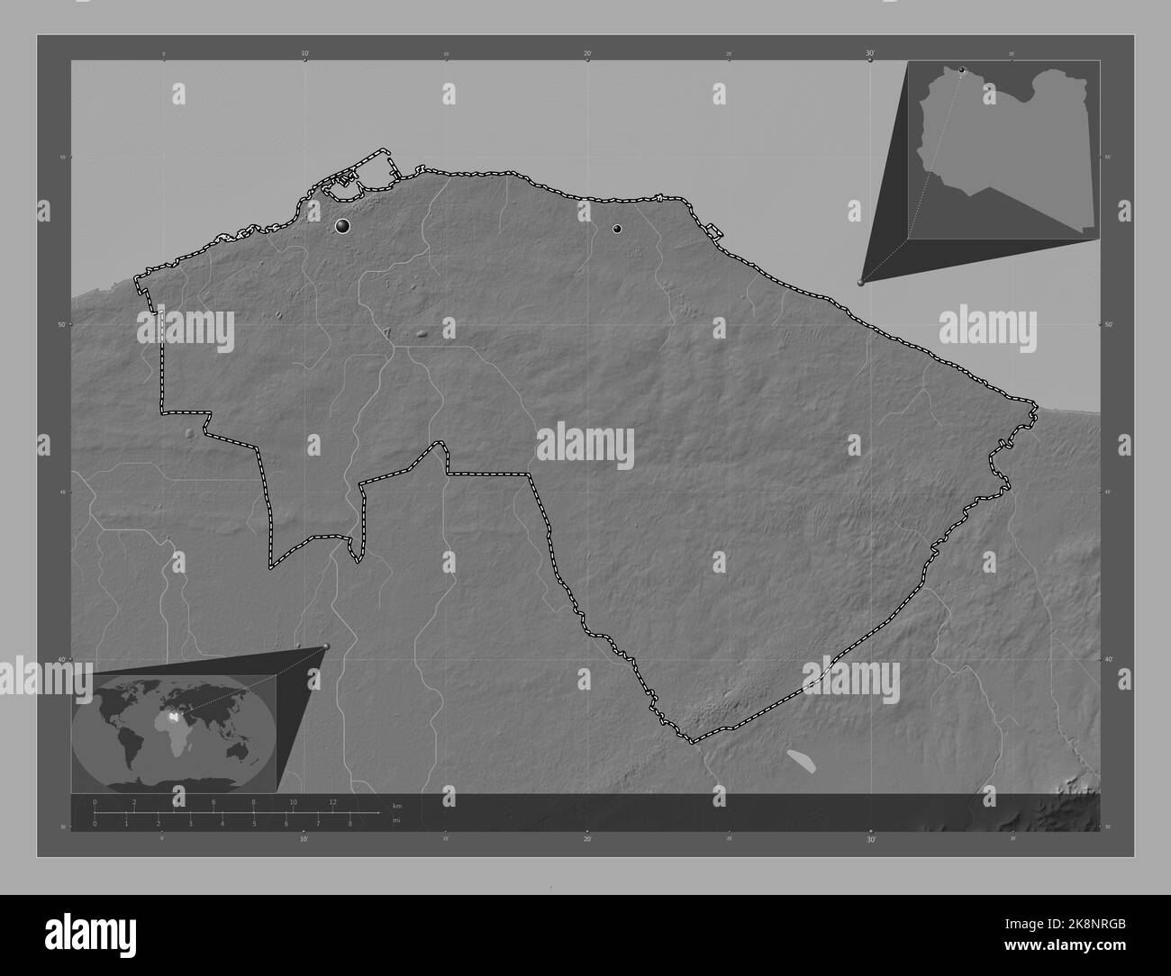 Tripoli, district of Libya. Bilevel elevation map with lakes and rivers ...