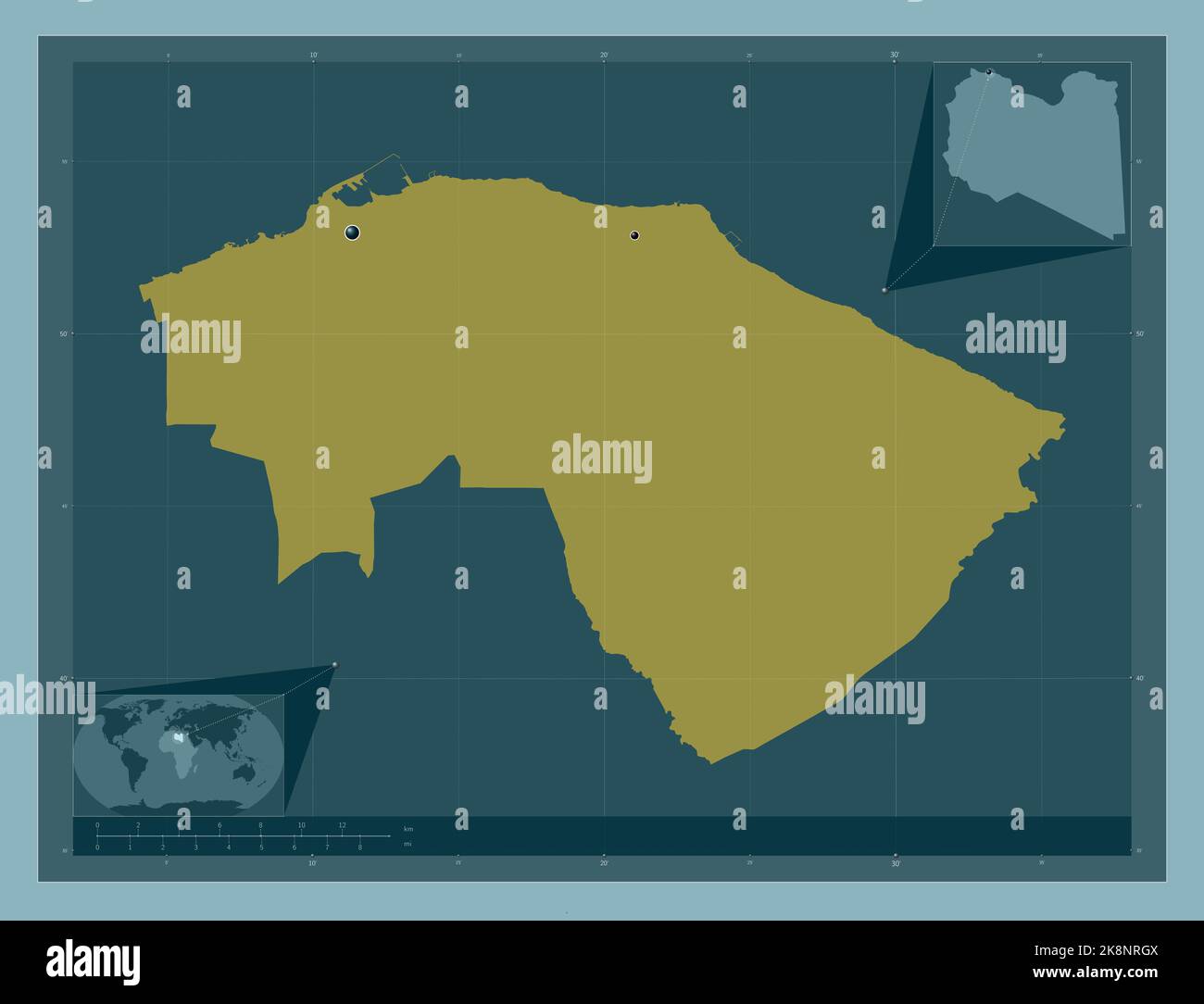 Tripoli, district of Libya. Solid color shape. Locations of major ...