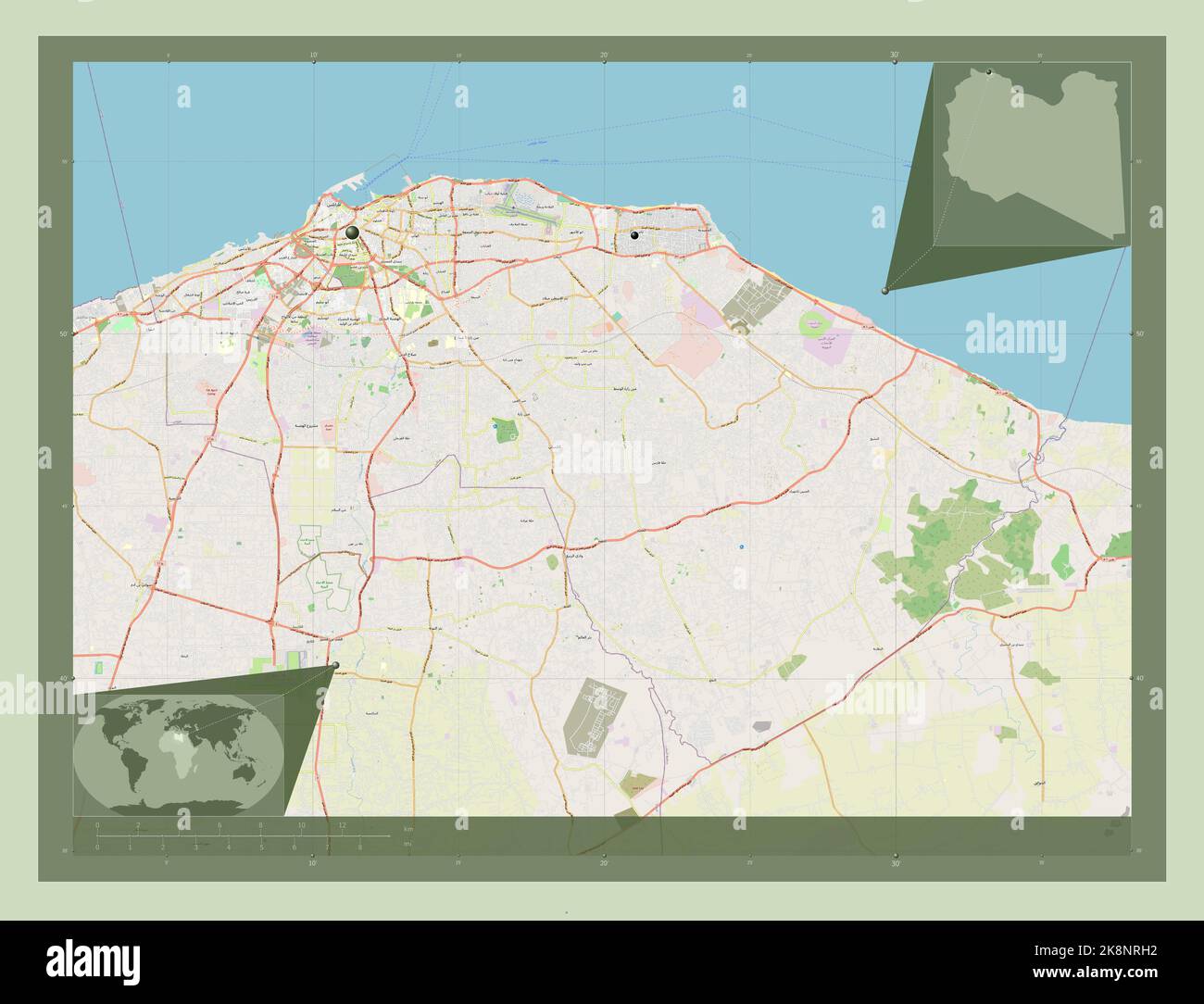 Tripoli, district of Libya. Open Street Map. Locations of major cities ...