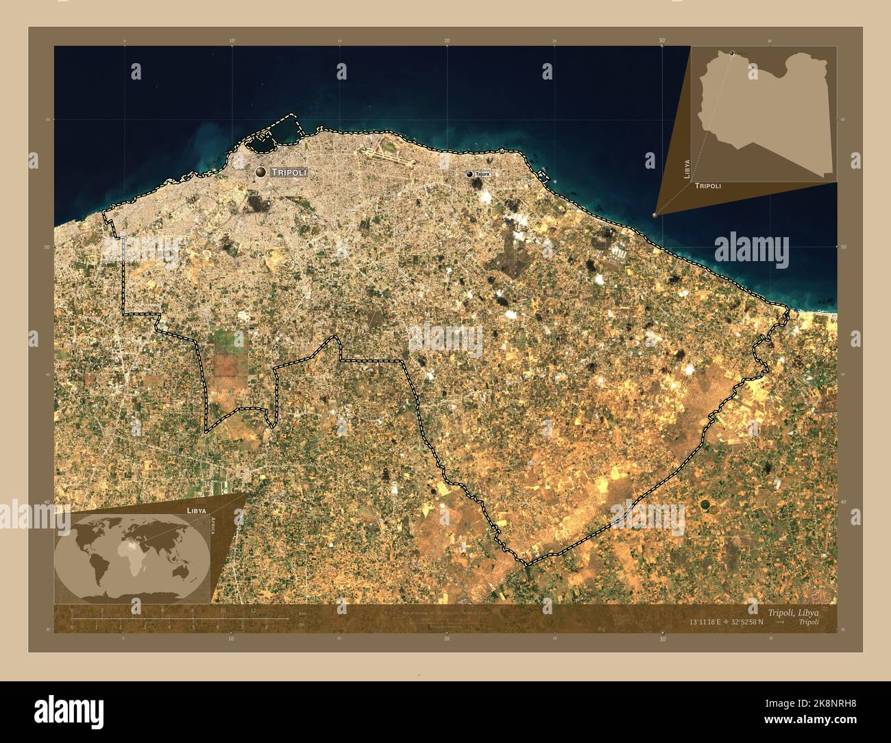 Tripoli, district of Libya. Low resolution satellite map. Locations and ...
