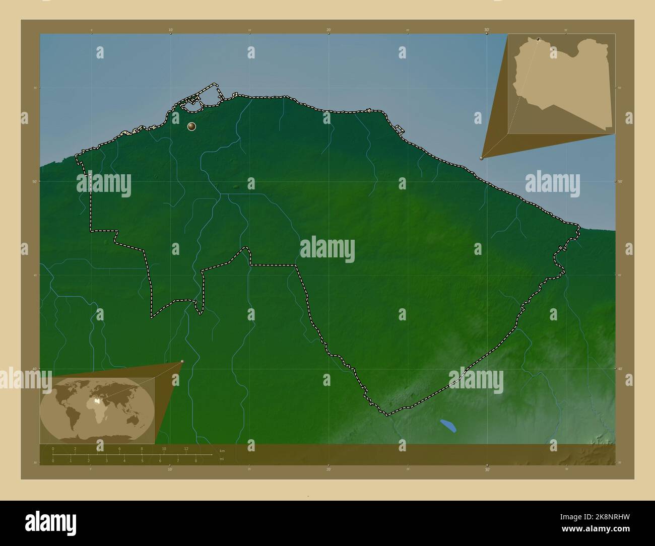 Tripoli, district of Libya. Colored elevation map with lakes and rivers ...