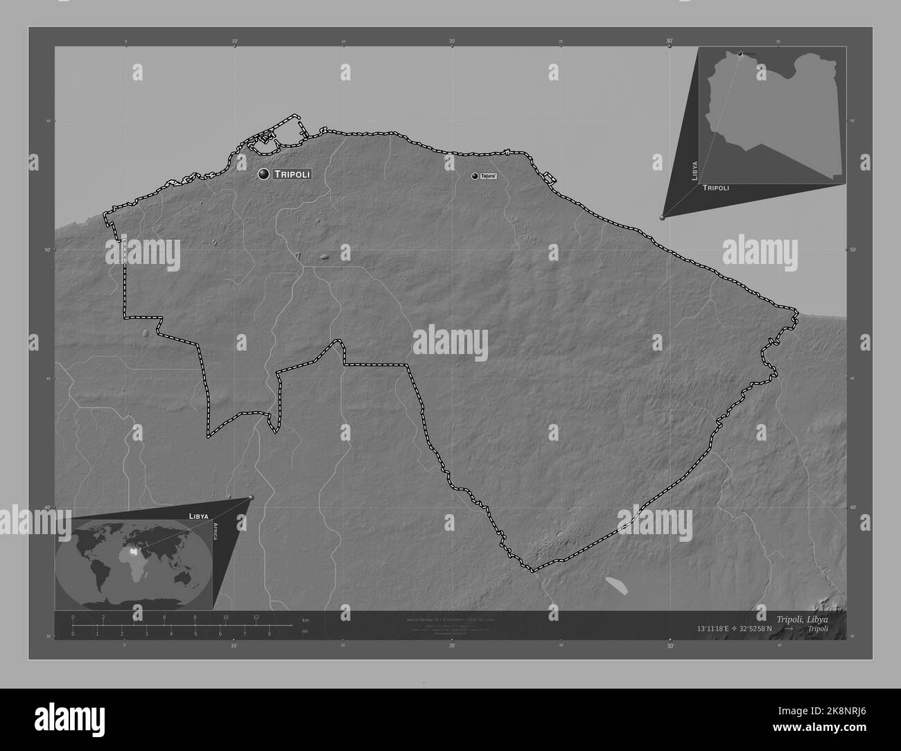 Tripoli, district of Libya. Bilevel elevation map with lakes and rivers ...