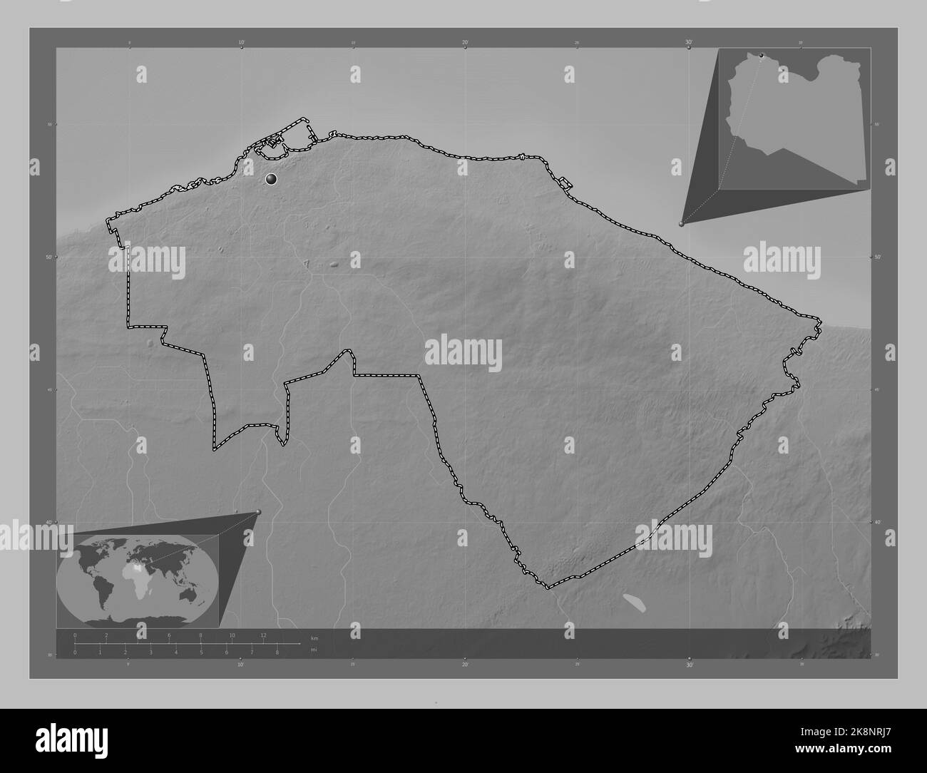 Tripoli, district of Libya. Grayscale elevation map with lakes and ...
