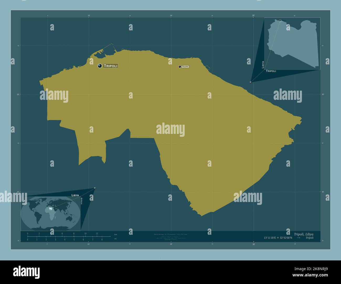 Tripoli, district of Libya. Solid color shape. Locations and names of ...