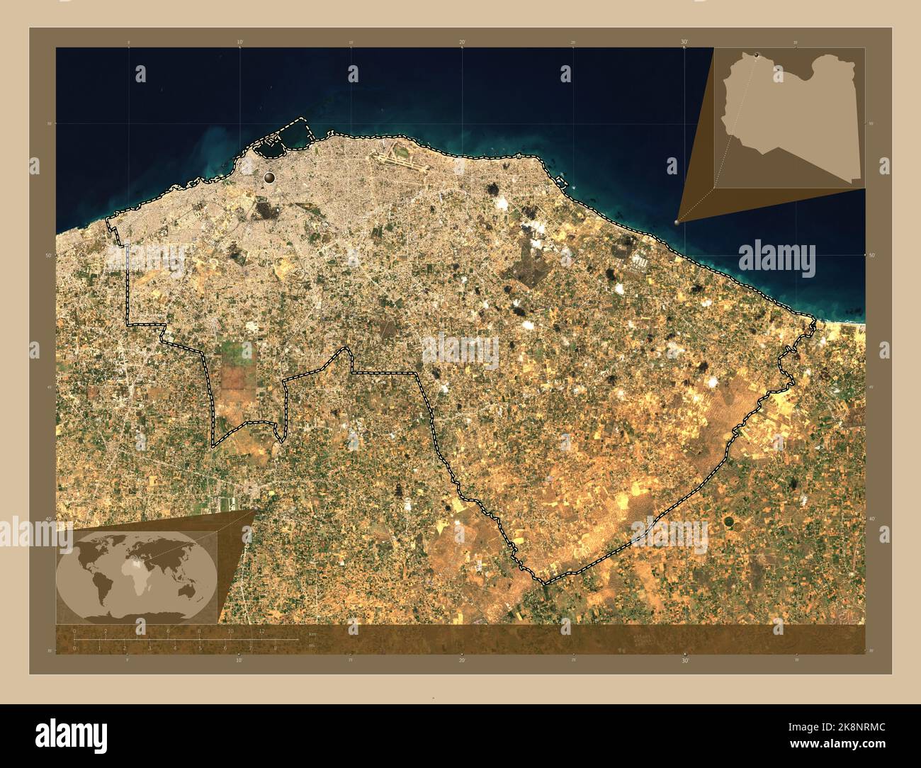 Tripoli, district of Libya. Low resolution satellite map. Corner ...