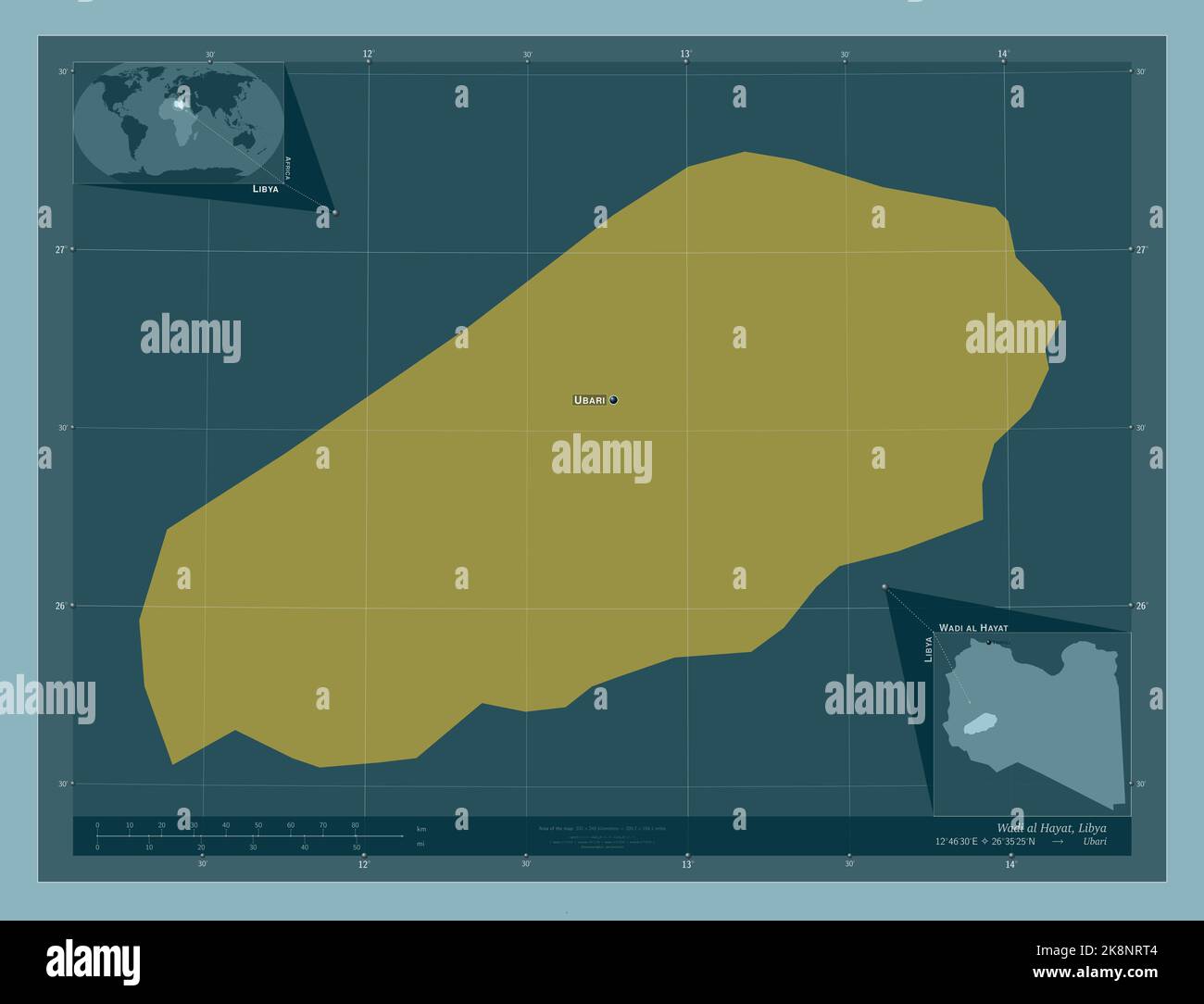 Wadi al Hayat, district of Libya. Solid color shape. Locations and ...