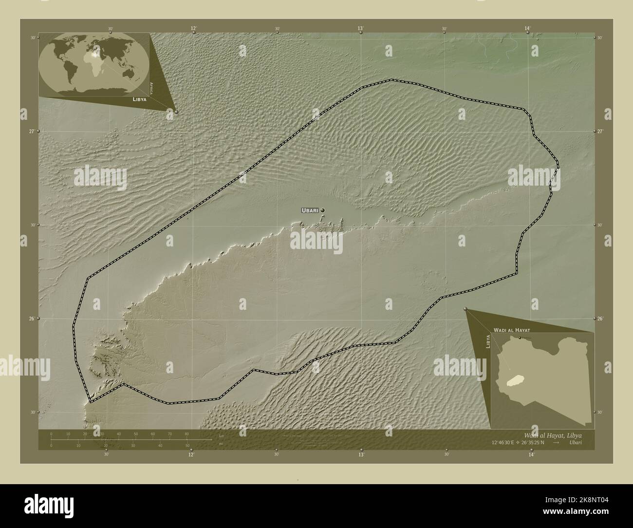 Wadi al Hayat, district of Libya. Elevation map colored in wiki style ...
