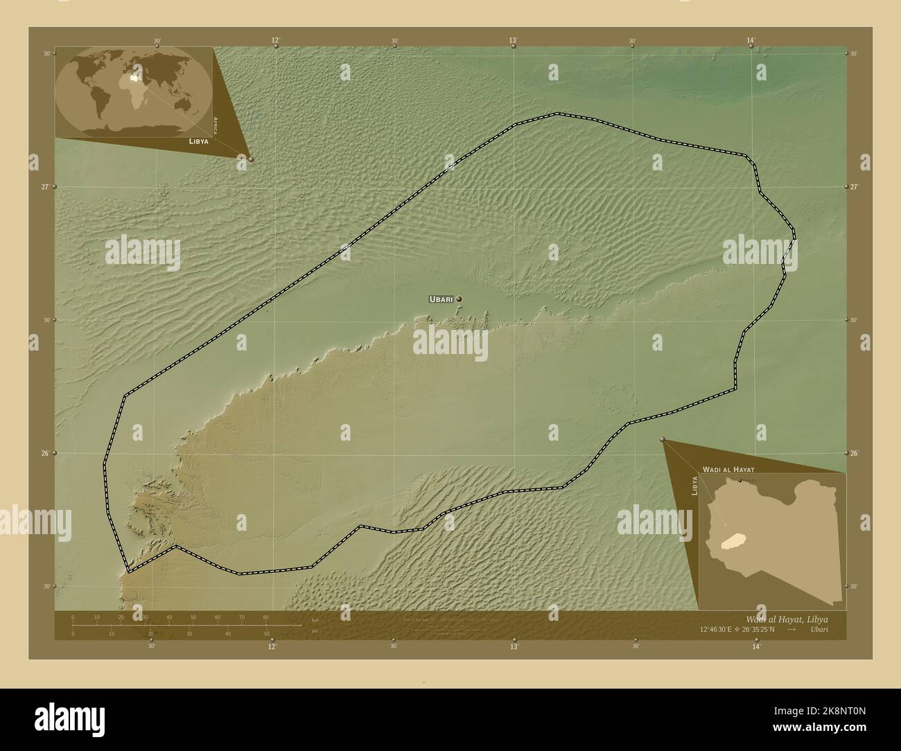 Wadi al Hayat, district of Libya. Colored elevation map with lakes and ...