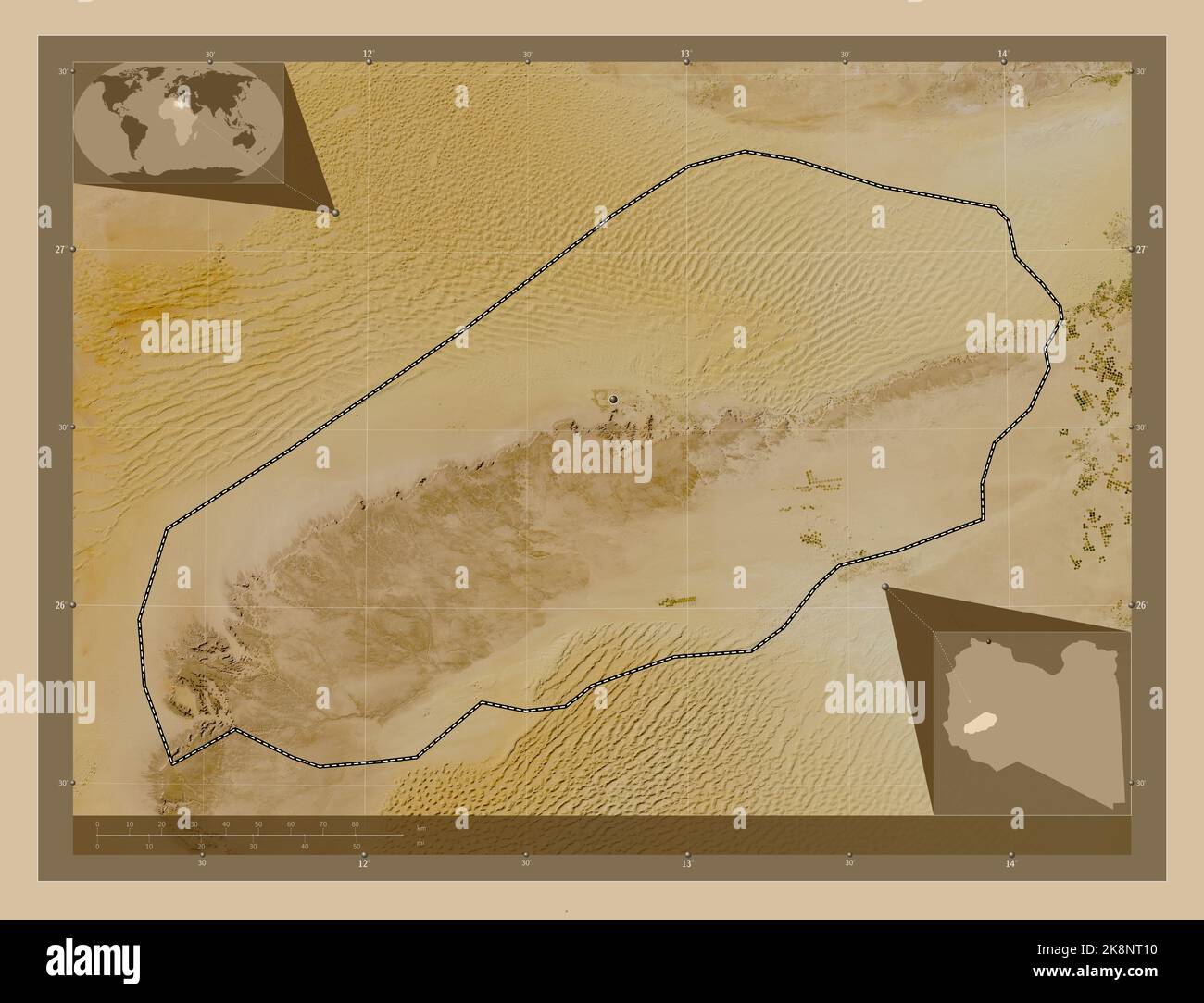 Wadi al Hayat, district of Libya. Low resolution satellite map. Corner ...