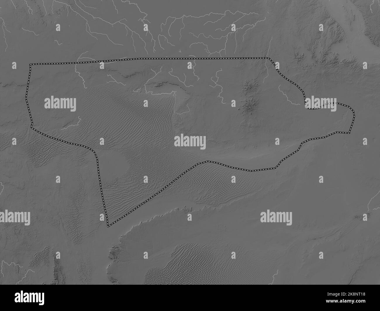 Wadi ash Shati', district of Libya. Grayscale elevation map with lakes ...