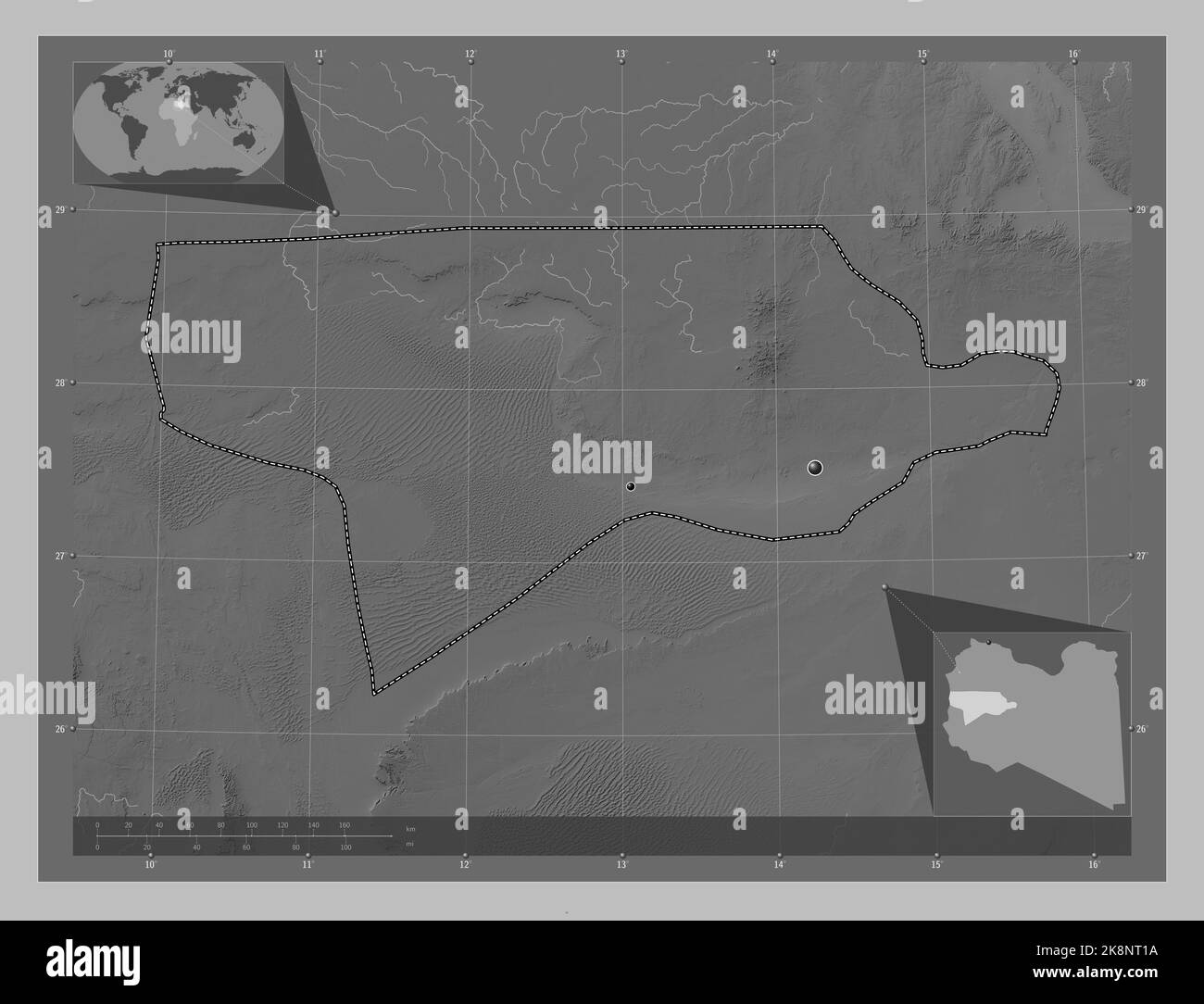 Wadi ash Shati', district of Libya. Grayscale elevation map with lakes ...