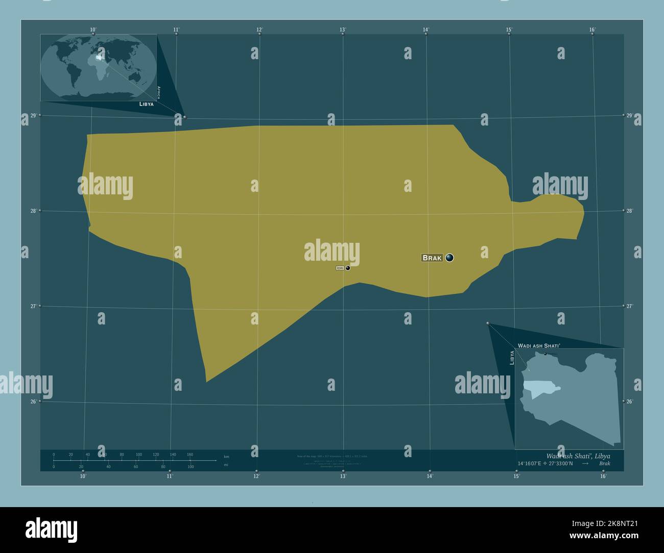 Wadi ash Shati', district of Libya. Solid color shape. Locations and ...