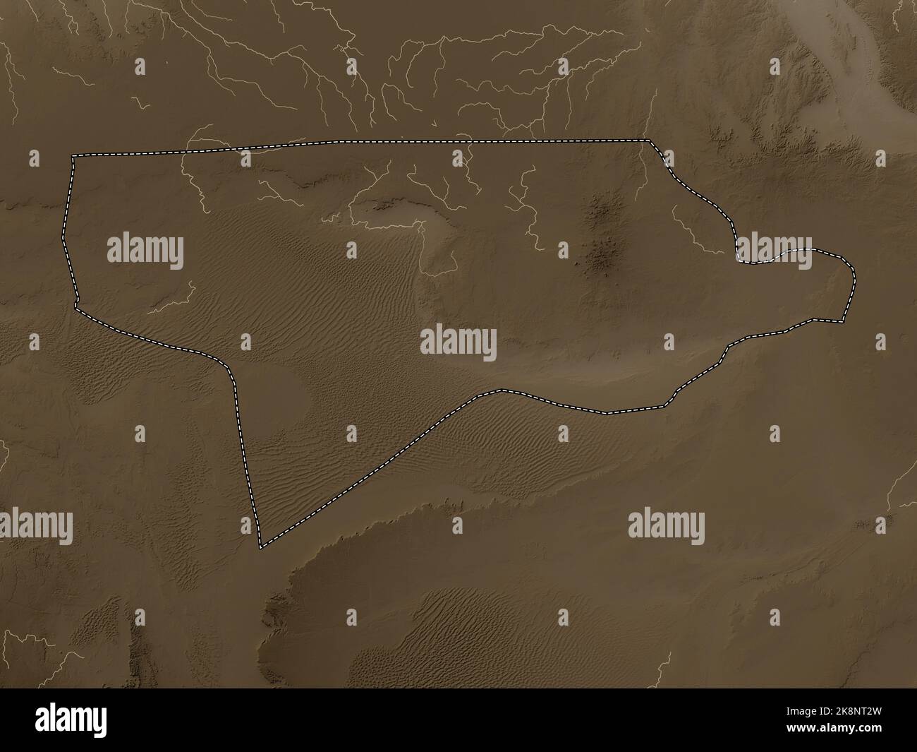 Wadi ash Shati', district of Libya. Elevation map colored in sepia ...