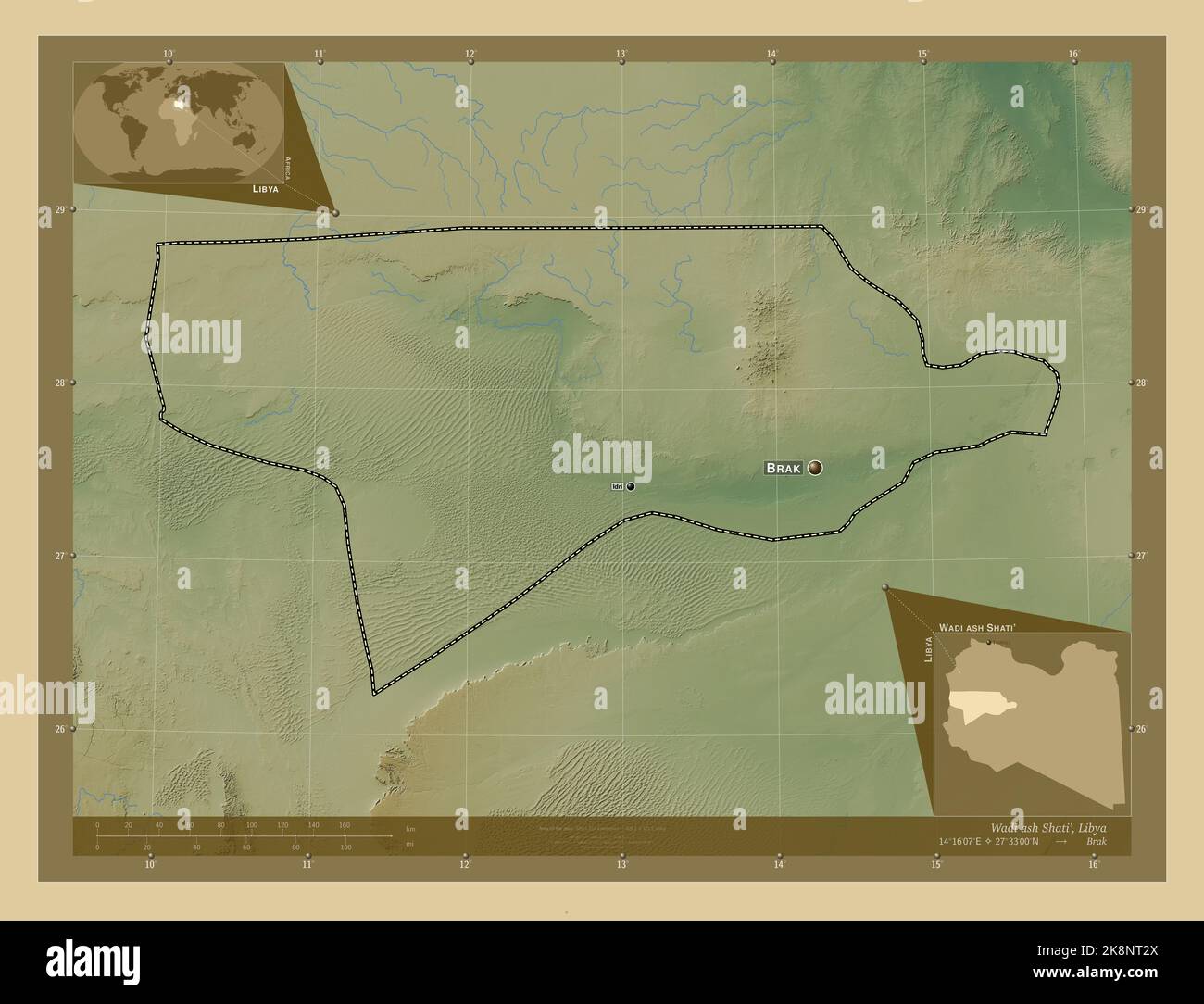 Wadi ash Shati', district of Libya. Colored elevation map with lakes ...