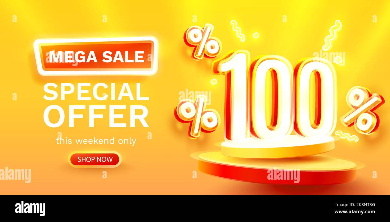 Mega sale special offer, Neon 100 off sale banner. Sign board promotion ...