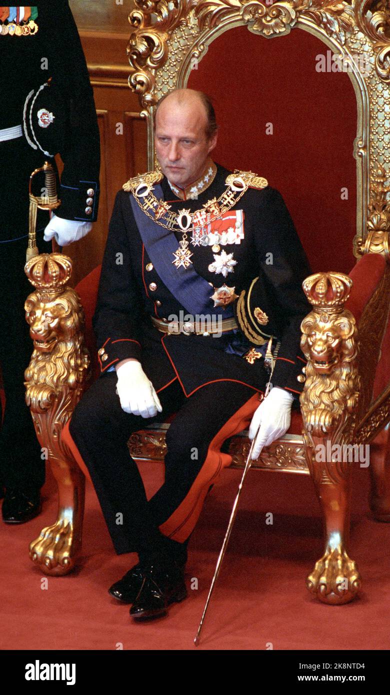 Oslo 19910121. King Harald during the position of the Storting after King Olav's death. Photo ...