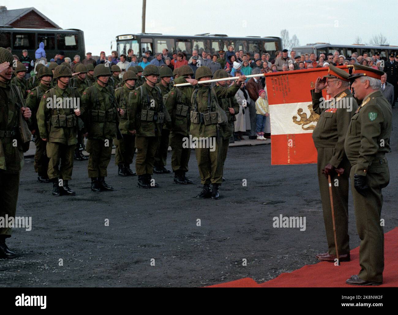 Hedmark, Elverum April 10, 1990. King Olav greets a company with ...
