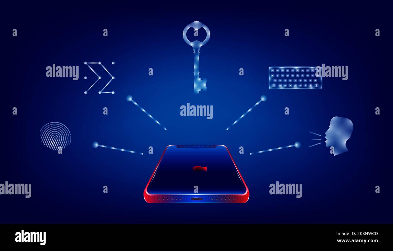 A vector illustration of five ways to unlock your smartphone on a blue ...