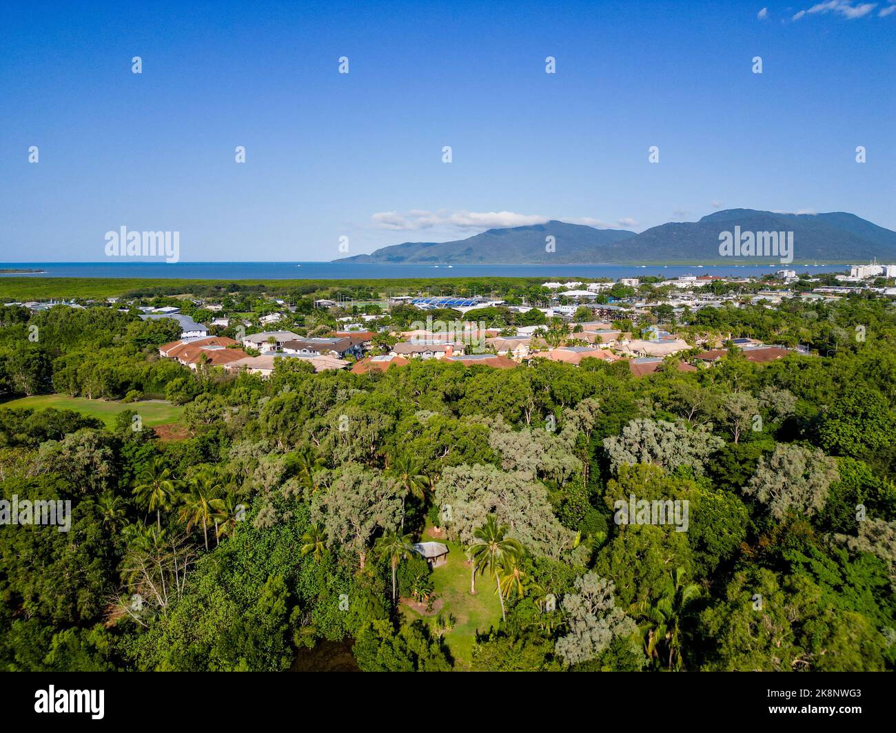 Aerial shot of the rainforest with houses and city in the backdrop ...