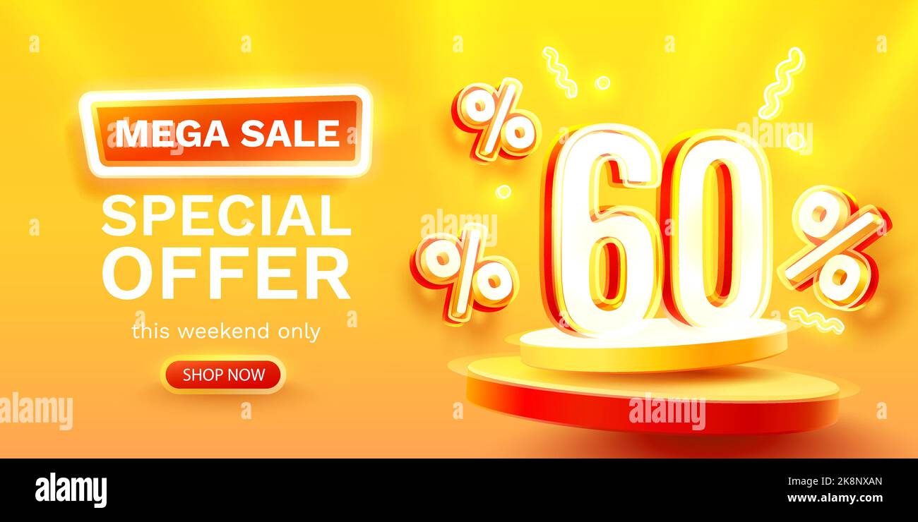 Mega sale special offer, Neon 60 off sale banner. Sign board promotion ...