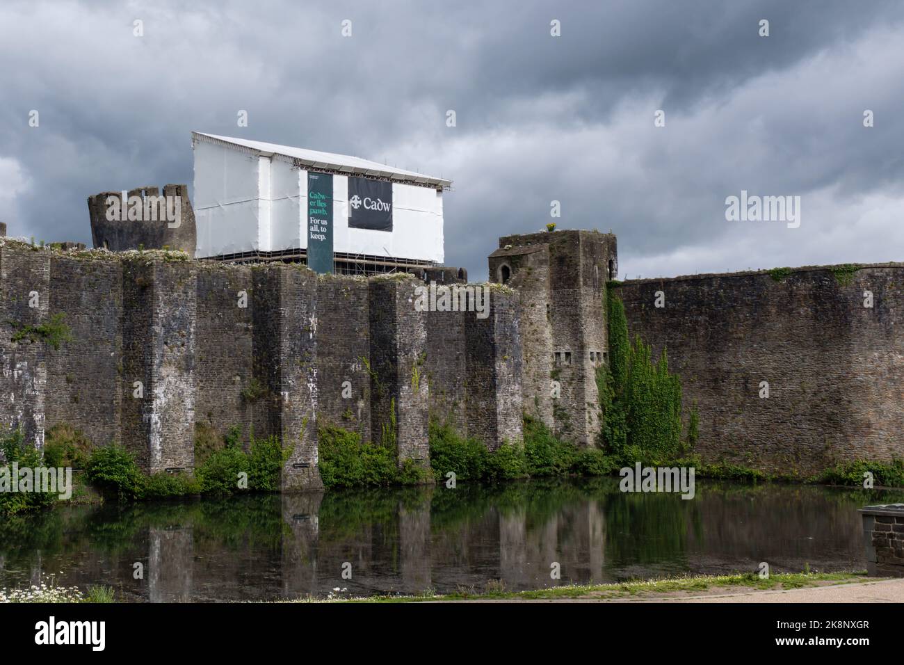 The Caerphilly Castle walls in south wale during reconstruction Stock ...