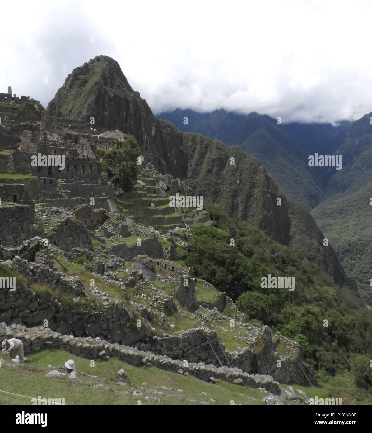 A mountainous view of the Machu Picchu Inca citadel located in the ...
