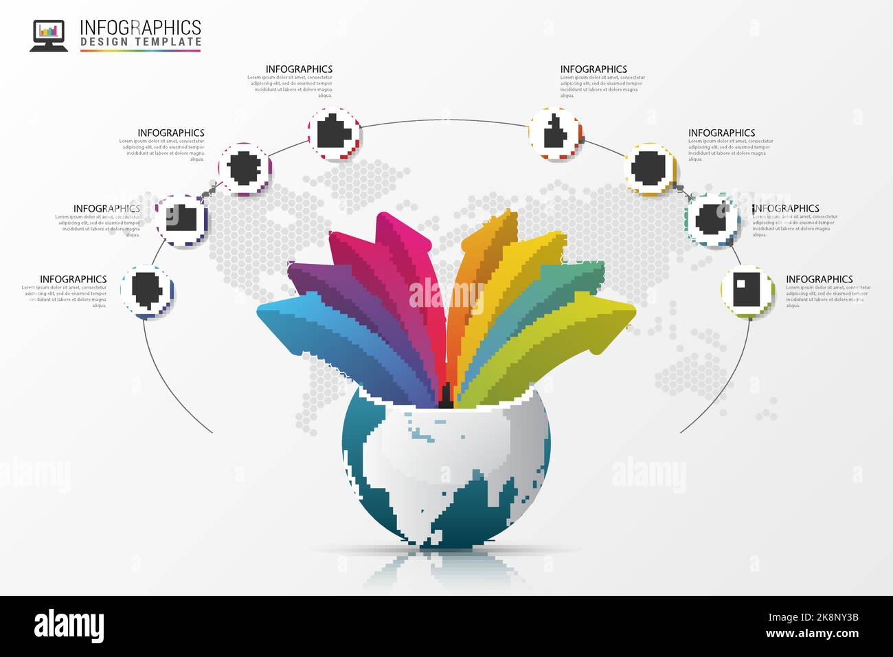 Infographic design template. World with arrows. Vector illustration ...