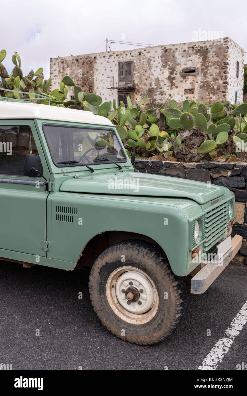 Old off-road car in front of a house full of cacti Stock Photo - Alamy