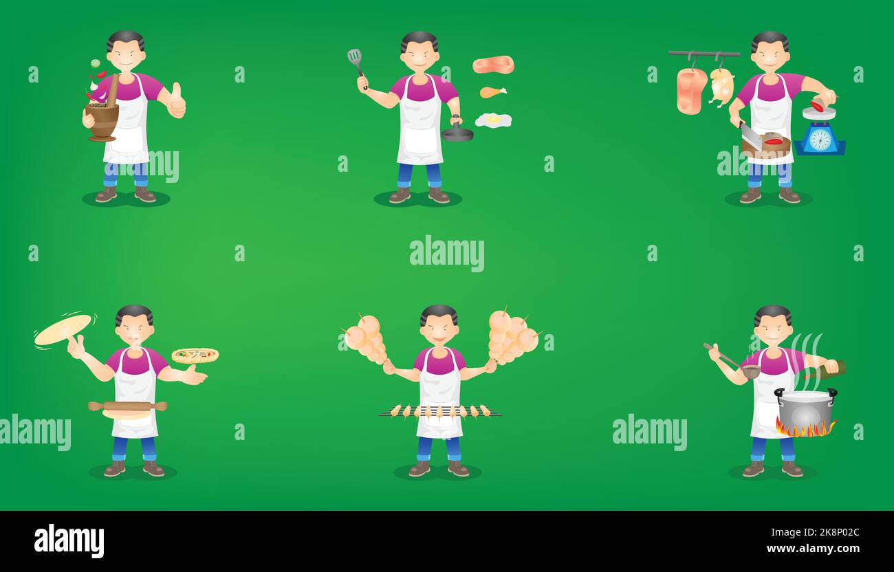A vector illustration of a set of chefs cooking different types of food ...