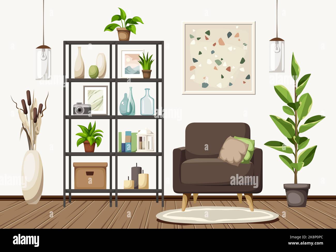 Room interior design with an armchair, a shelving, a big ficus tree ...