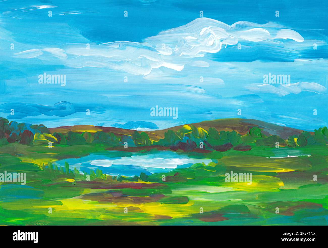 Summer landscape acrylic painting. Countryside landscape with green ...