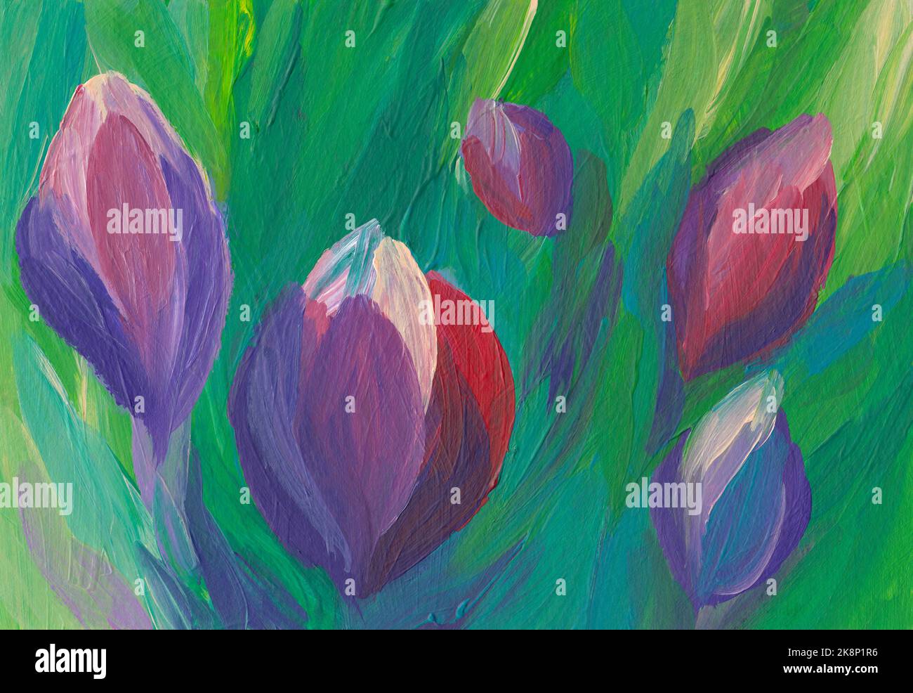 Abstract colorful tulips flowers art, acrylic textured painting. Floral ...