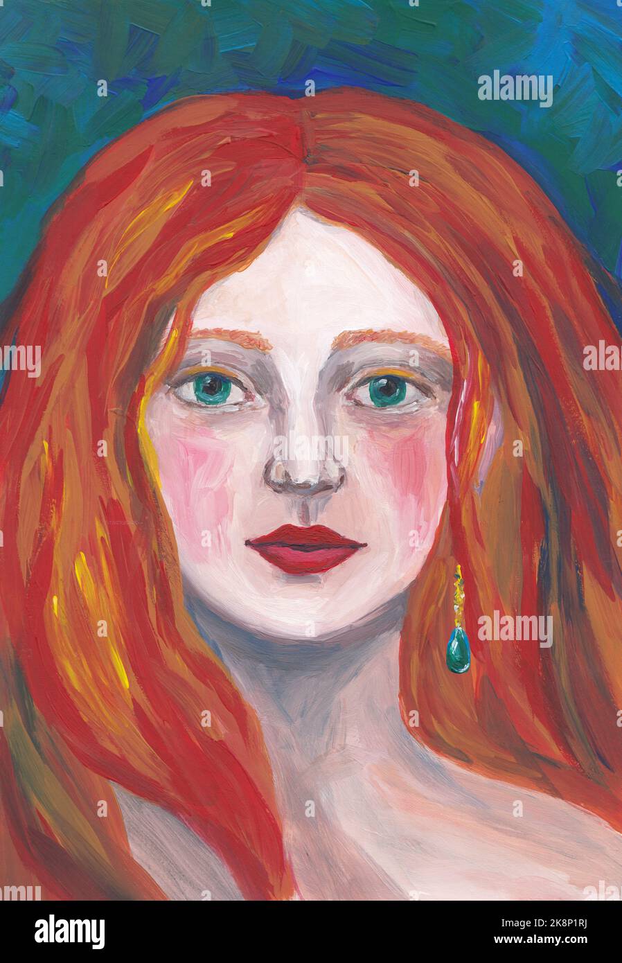 Portrait of a woman oil painting. Girl with green eyes and red hair ...