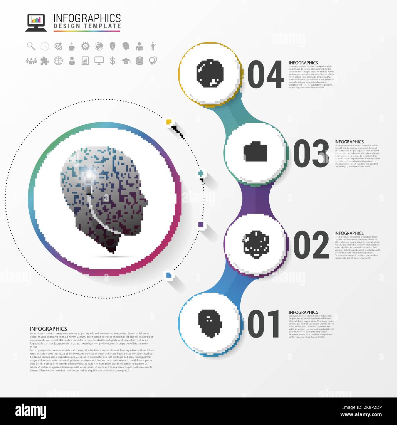 Infographic. Creative head. Colorful circle with icons. Vector ...