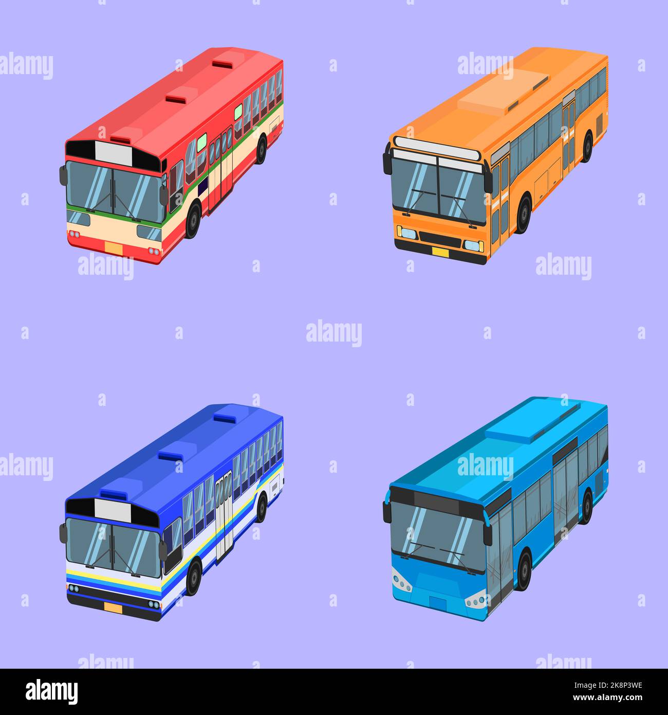 A vector illustration of four colorful buses on a purple background ...