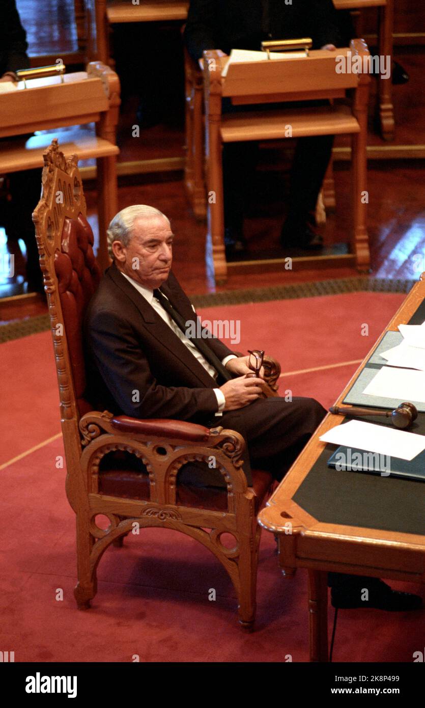 Oslo 19910121. Storting President Jo Benkow in the Stortingssalen during King Harald's position ...