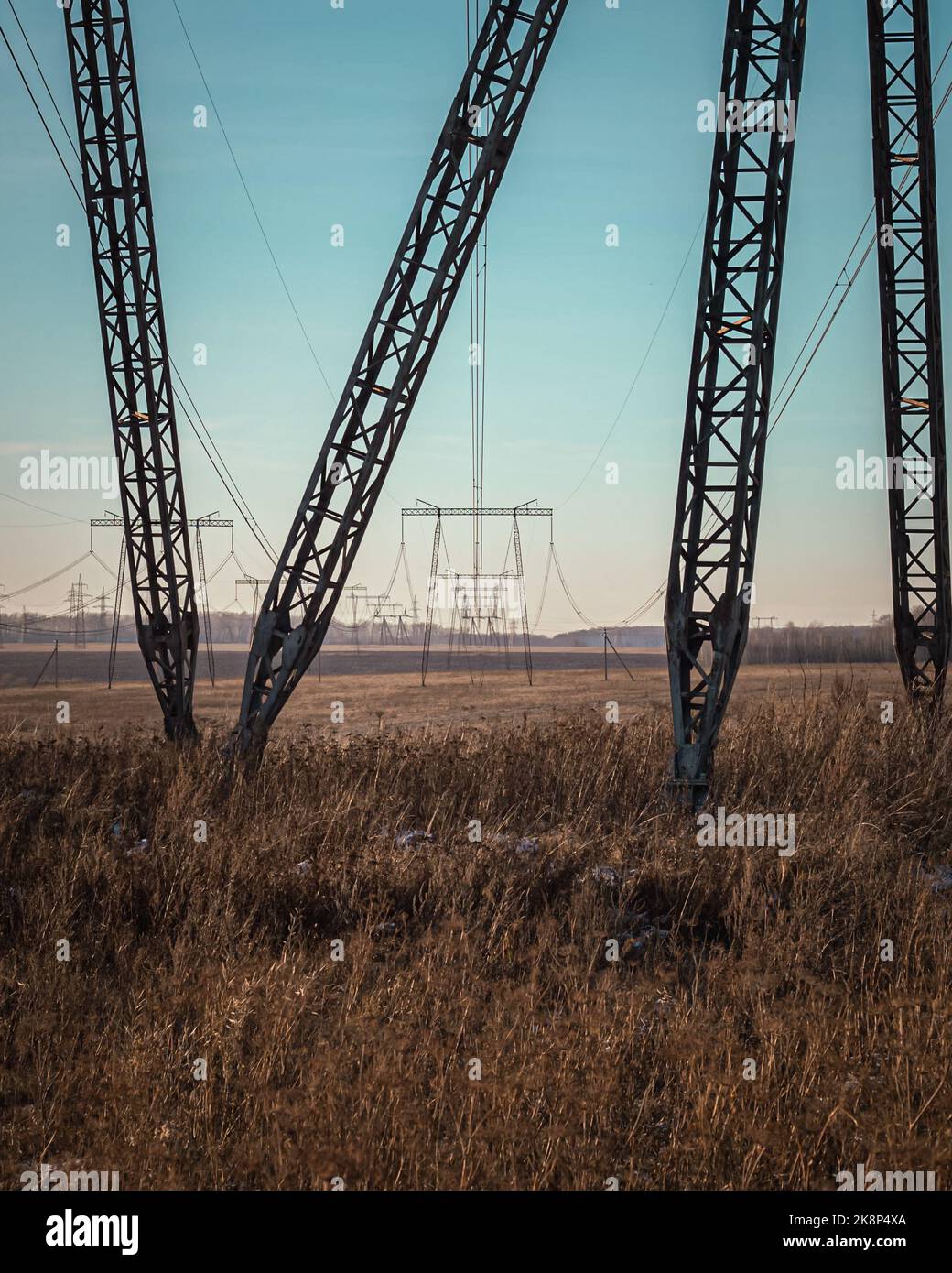 high-voltage power lines poles at sunset in the field, high voltage ...