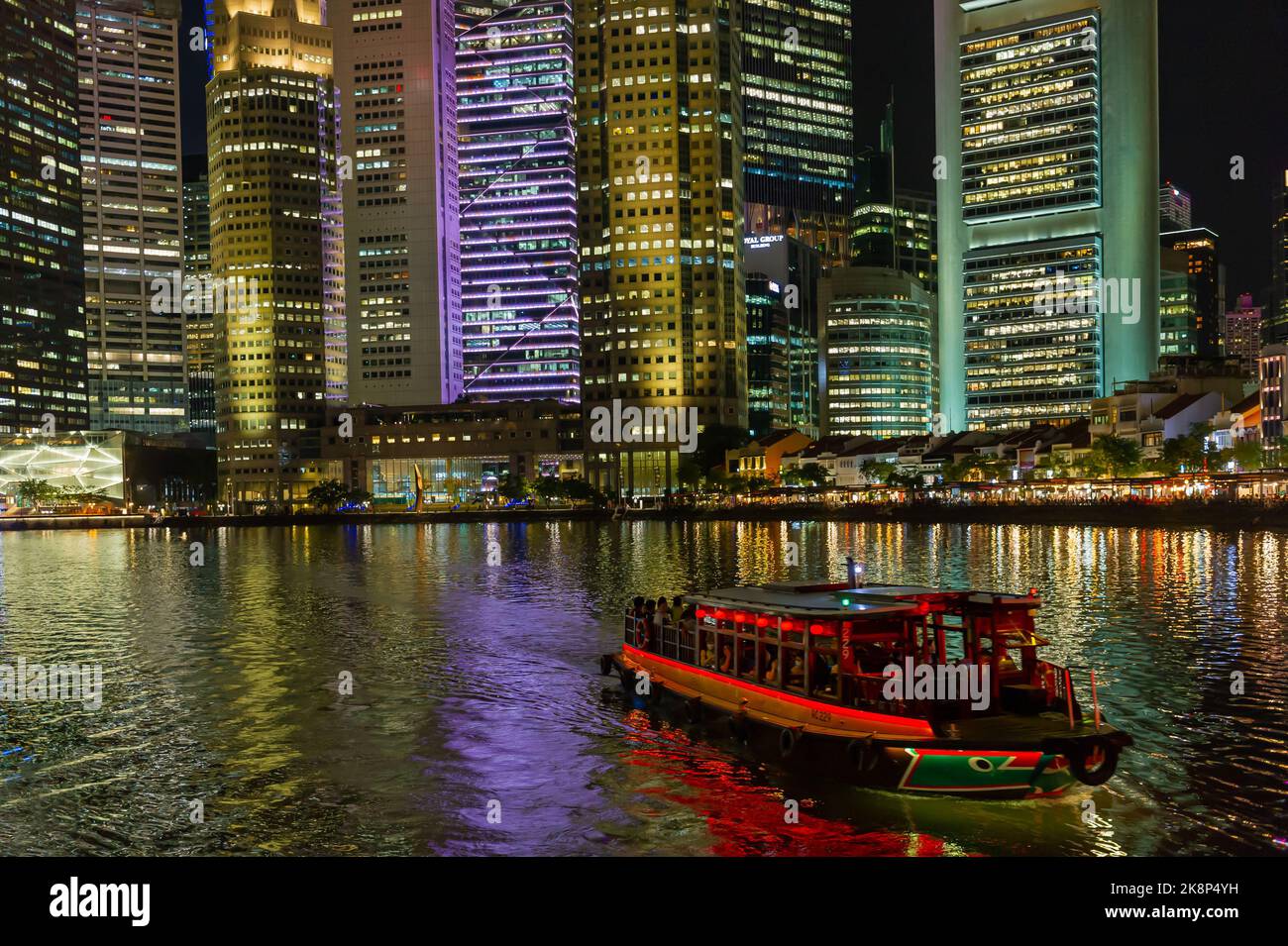 Iconic Singapore. Boat Quay at night, with the Singapore Financial ...