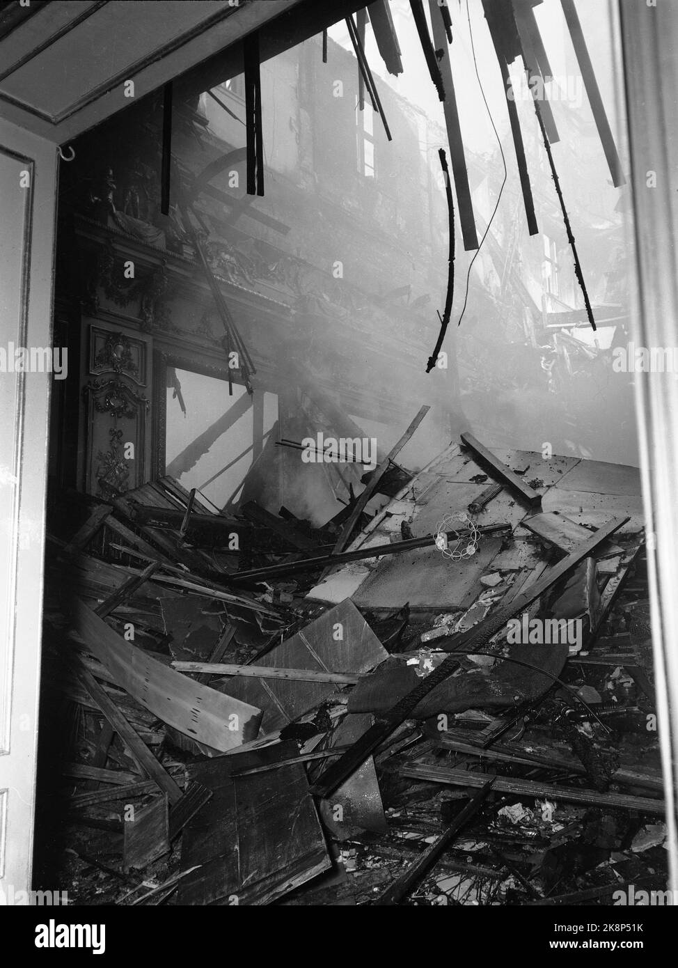 Oslo 19570522 Fire at the Grand Hotel in Oslo. Here's interior from the ...
