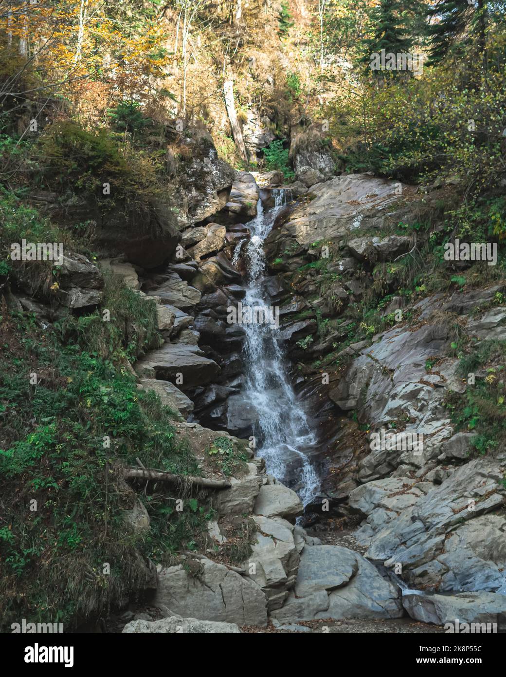 Natural spring river water flowing from the hill between the stones ...
