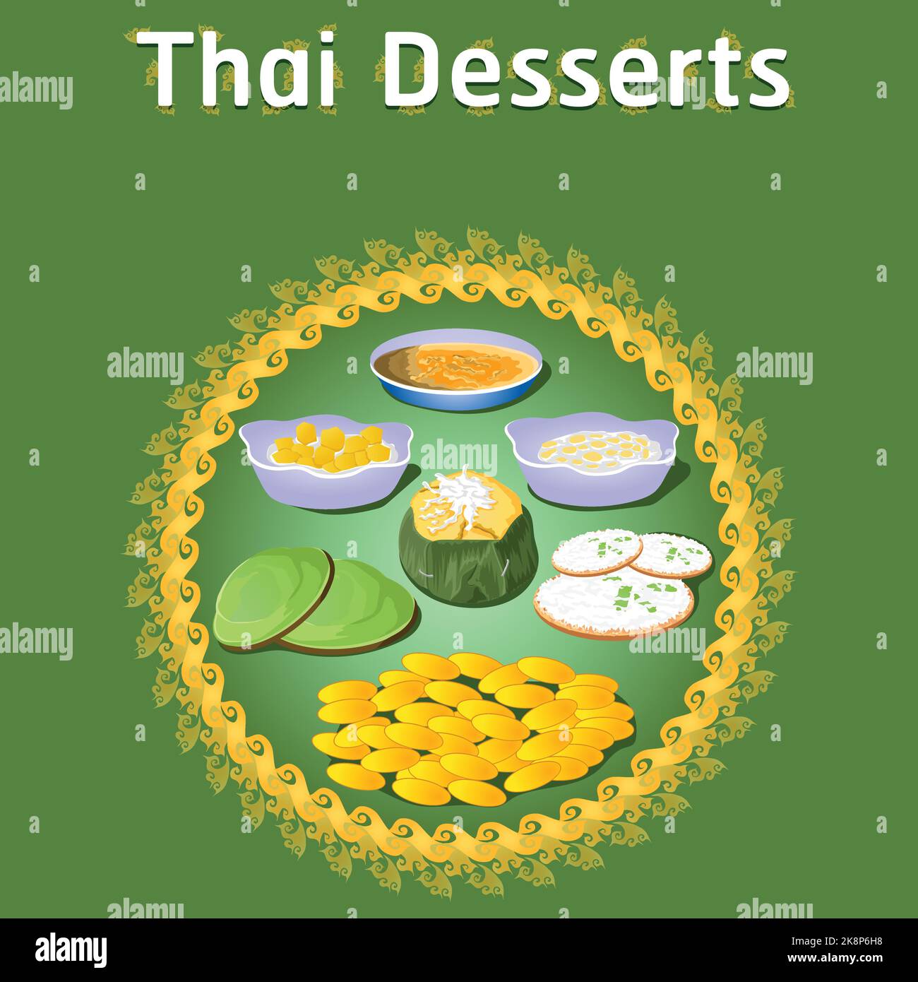An illustration of different Thai desserts isolated on a green ...