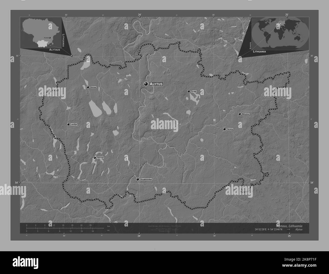 Alytaus, county of Lithuania. Bilevel elevation map with lakes and ...