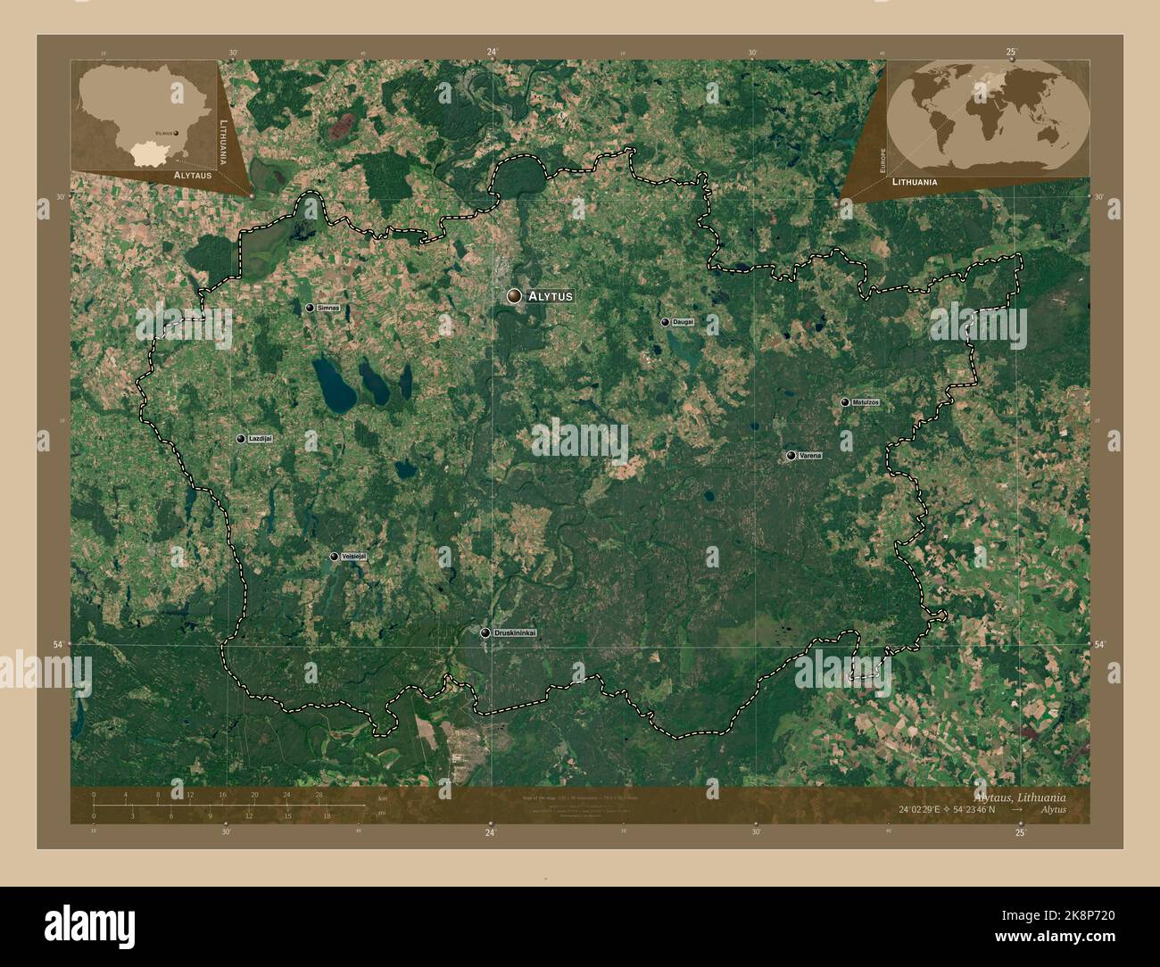 Alytaus, county of Lithuania. Low resolution satellite map. Locations ...