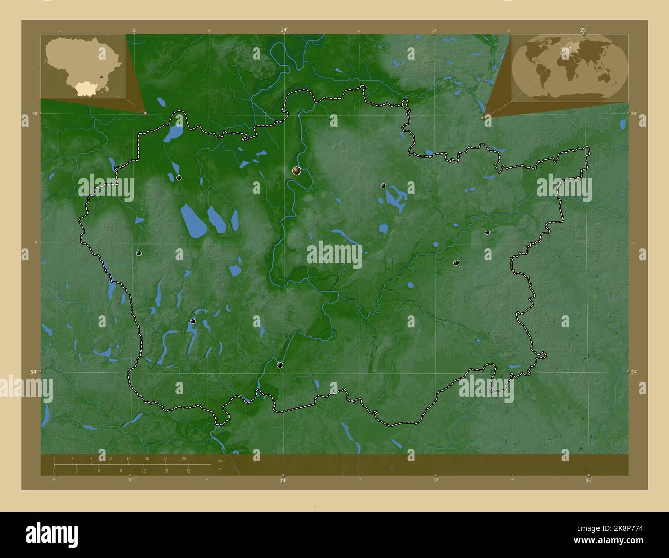 Alytaus, county of Lithuania. Colored elevation map with lakes and ...