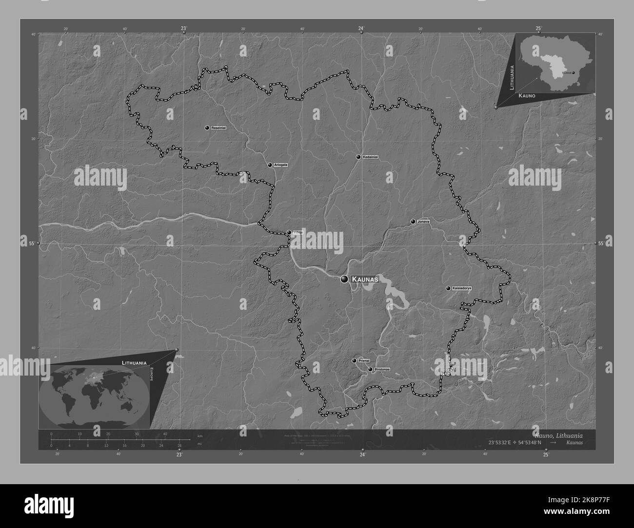 Kauno, county of Lithuania. Bilevel elevation map with lakes and rivers ...